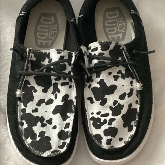 Hey Dude | Shoes | Hey Dude Moccasins Black And White Cow Print | Poshmark